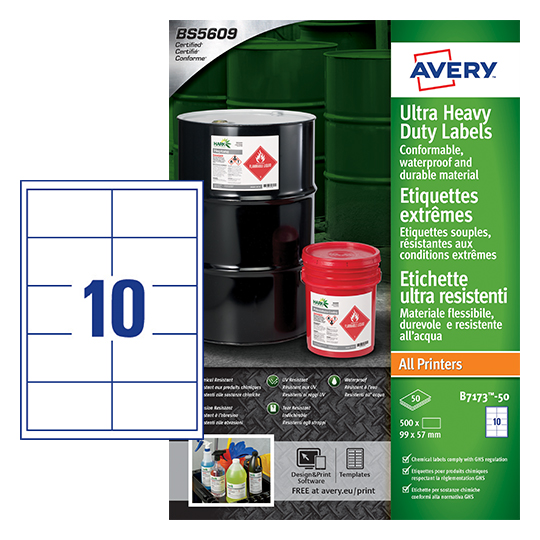 Avery B7173-50 Ultra Resistant Labels, 50 Sheets, 10 Labels per Sheet ...