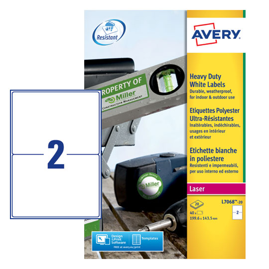 Avery L7068-20 Resistant Labels, 20 Sheets, 2 Labels per Sheet (40 ...