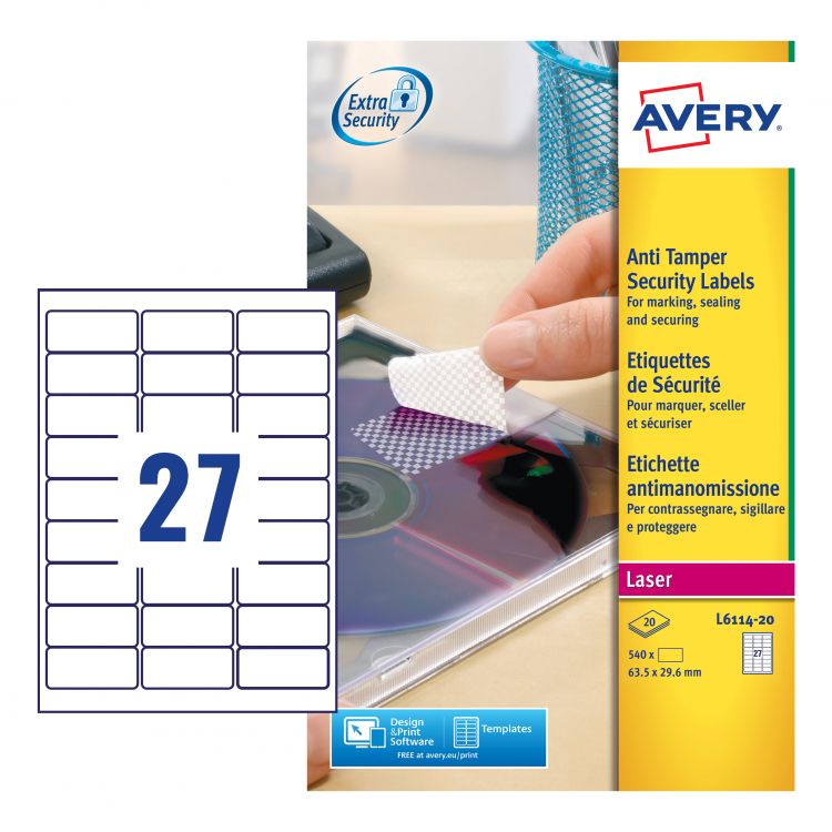 Avery L6114-20 Anti-Tamper Labels, 20 Sheets, 27 Labels per Sheet (540 ...