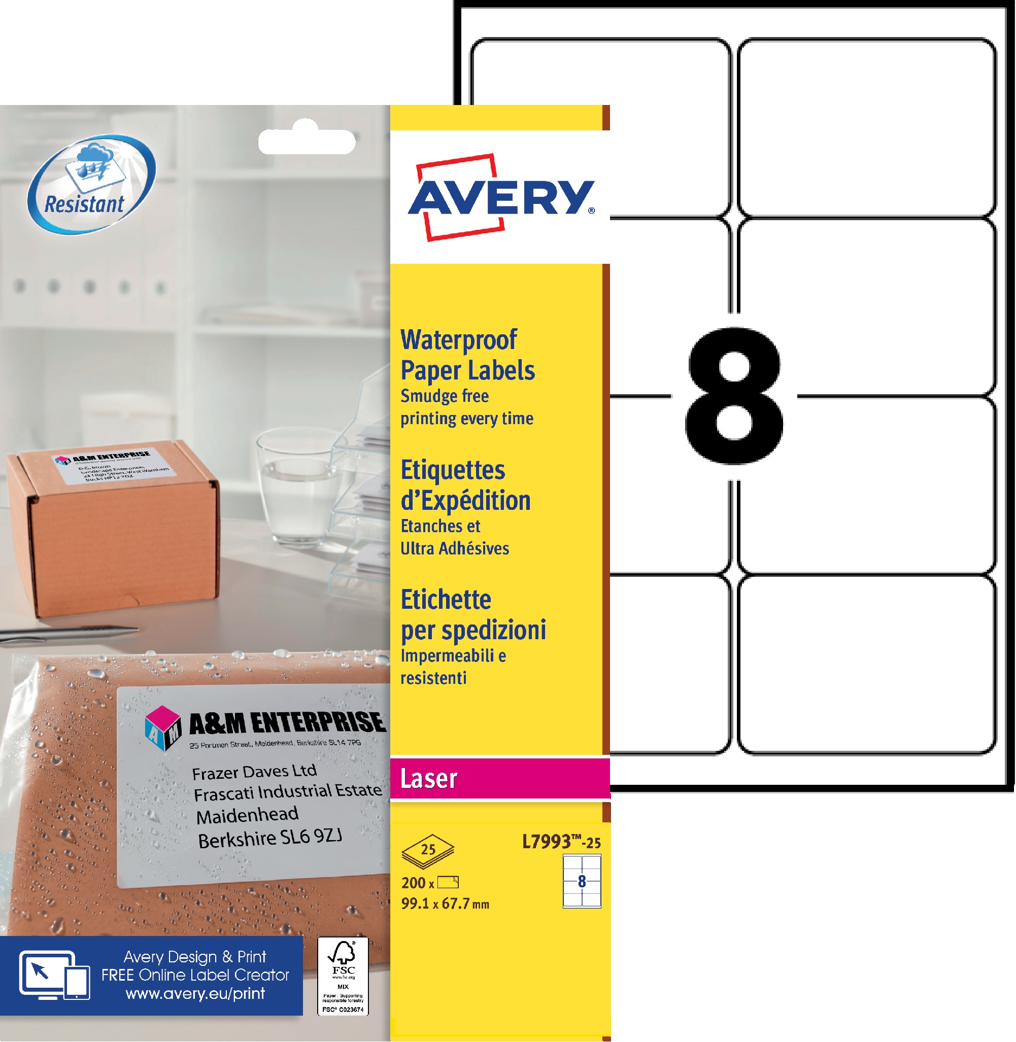 Avery L7993-25 Waterproof Labels, 25 Sheets, 8 Labels per Sheet (200 ...
