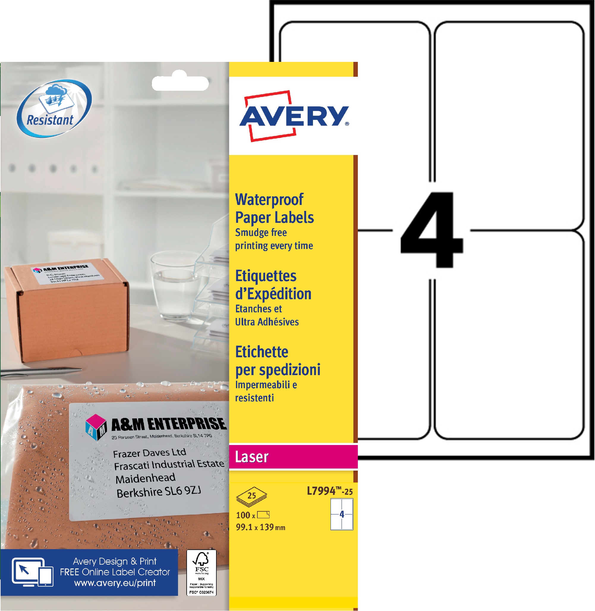 Avery L7994-25 Waterproof Labels, 25 Sheets, 4 Labels per Sheet (100 ...
